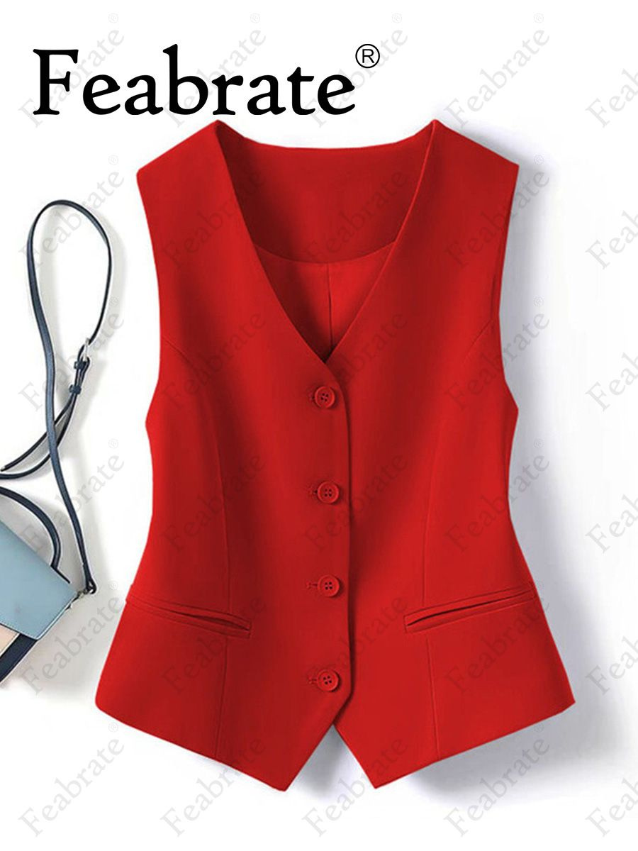Жилет Женский Feabrate красный, размер 46 Декоративные пуговицы Пуговицы Однотонный Повседневный ...