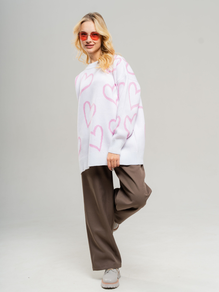 Свитер Женский BESTAMIN белый, розовый Шерсть, Акрил, размер 48, 52 Без ...