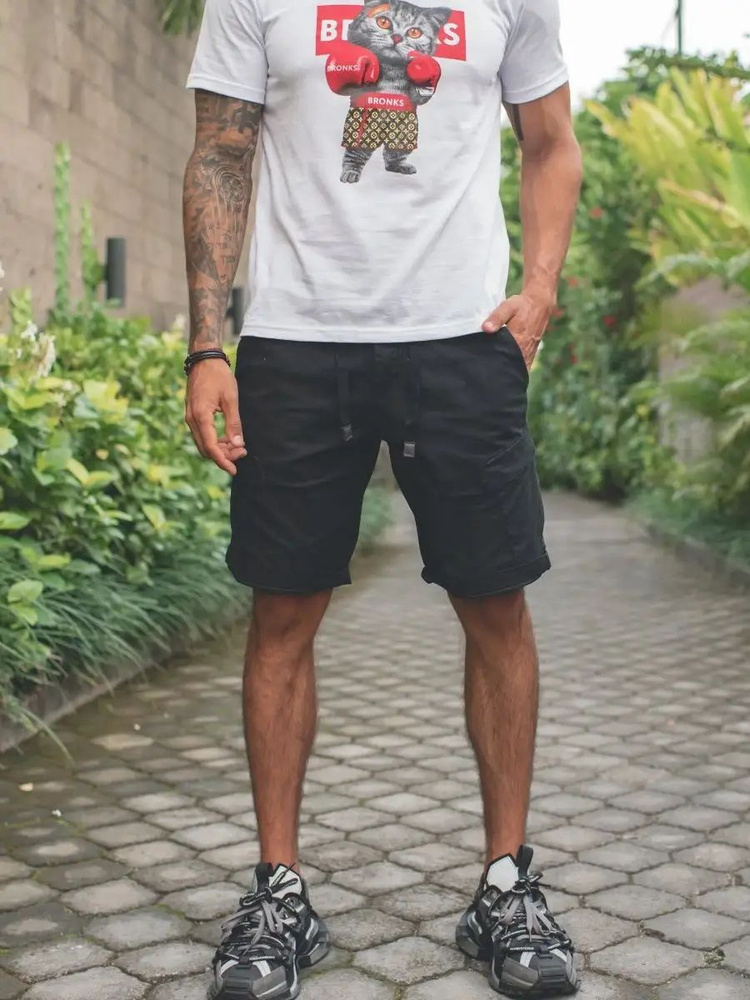 Шорты Мужской Bronks Повседневный черный, размер 52, 54 Хлопок, Эластан Молния, Пуговицы Кнопки ...