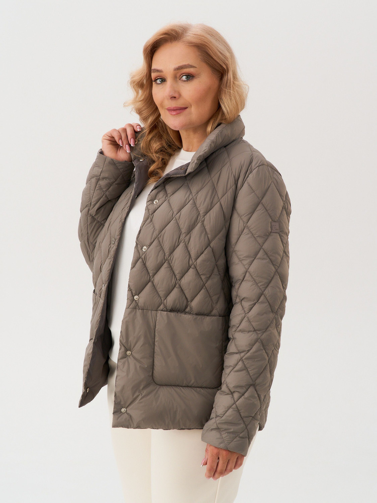 Куртка Женский Elfina Карманы серо-бежевый стойка Полиэстер, размер 48 Длинный Демисезон прямой ...