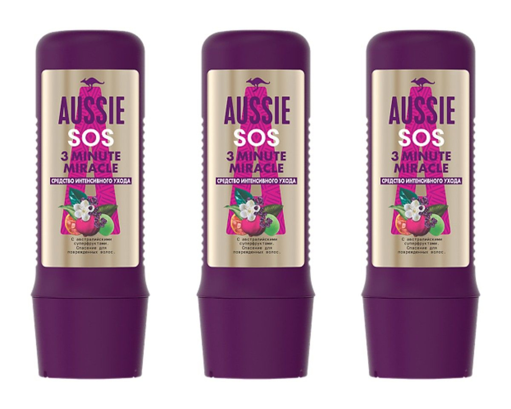 Aussie Средство интенсивного ухода для поврежденных волос SOS 3 Minute Miracle, 225 мл, 3 шт ...