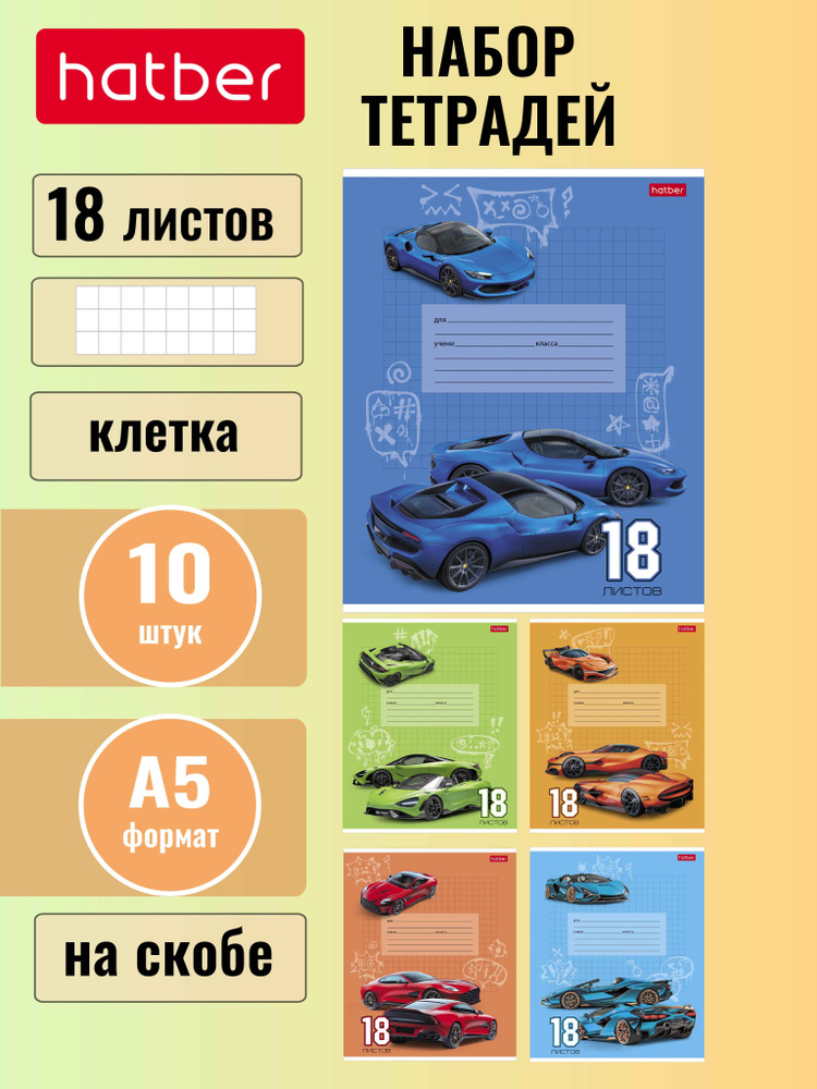 Набор тетрадей Hatber 10 штук/5 дизайнов, 18 листов, формата А5, в клетку, на скобе -Гоночные ...