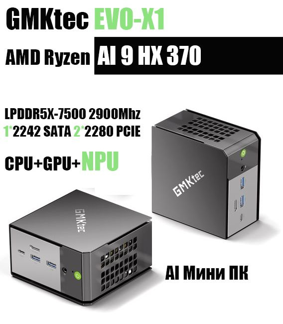 GMKtec Мини-ПК EVO-X1 (AMD Ryzen AI 9 HX 370, RAM 32 ГБ, SSD 1024 ГБ, AMD Radeon 890M, Windows ...