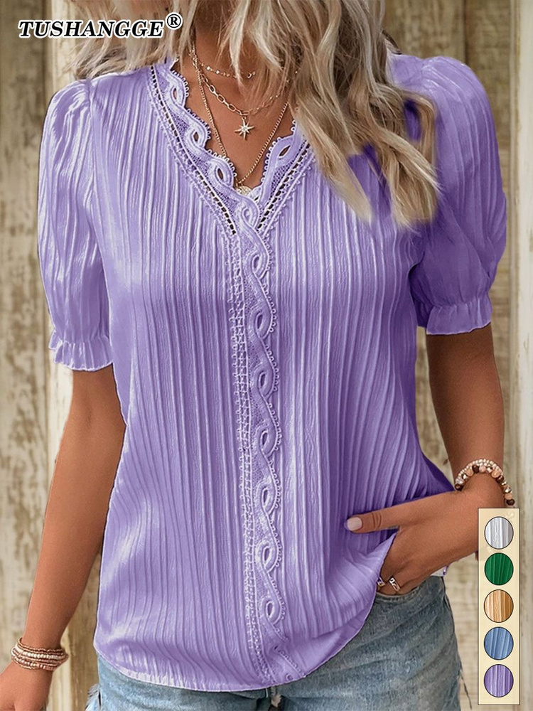 Блузка Женский TUSHANGGE фиолетовый Полиэфирное волокно Кружево, Аппликация Короткий Однотонный ...