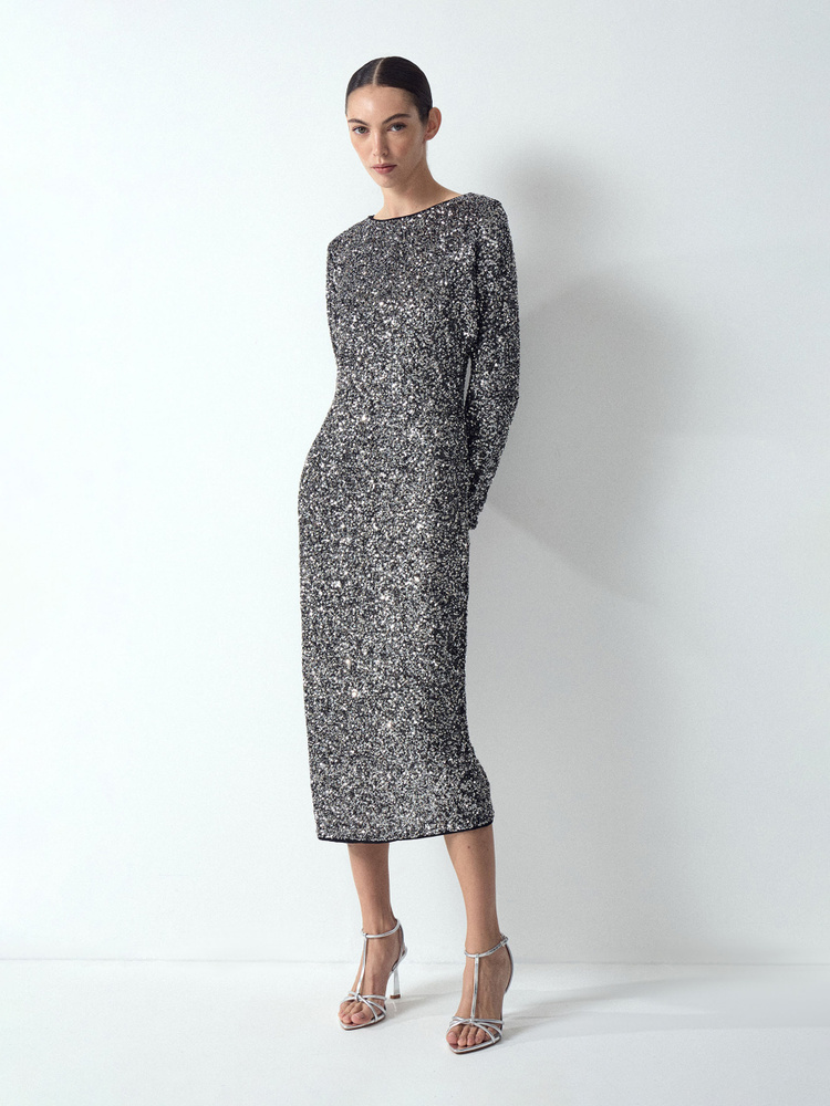 Платье Женский EMKA серый Вечерний/праздничный Длинный Пайетки, размер 44, 46 Пуговицы ...