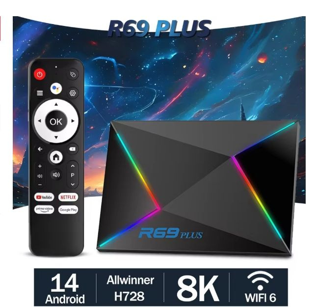 Новейший смарт-медиаплеер R69 PLUS 2025 года,Android 14, Allwinner H728, 1000M, HDR10+ 8K, WIFI6 ...