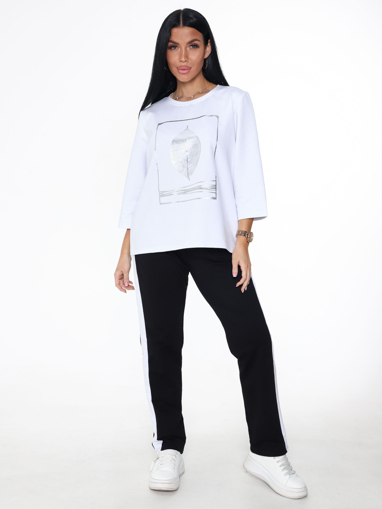 Комплект одежды Женский MIROLINE Повседневный двойка черный кварц, белый, размер 56 Футер ...