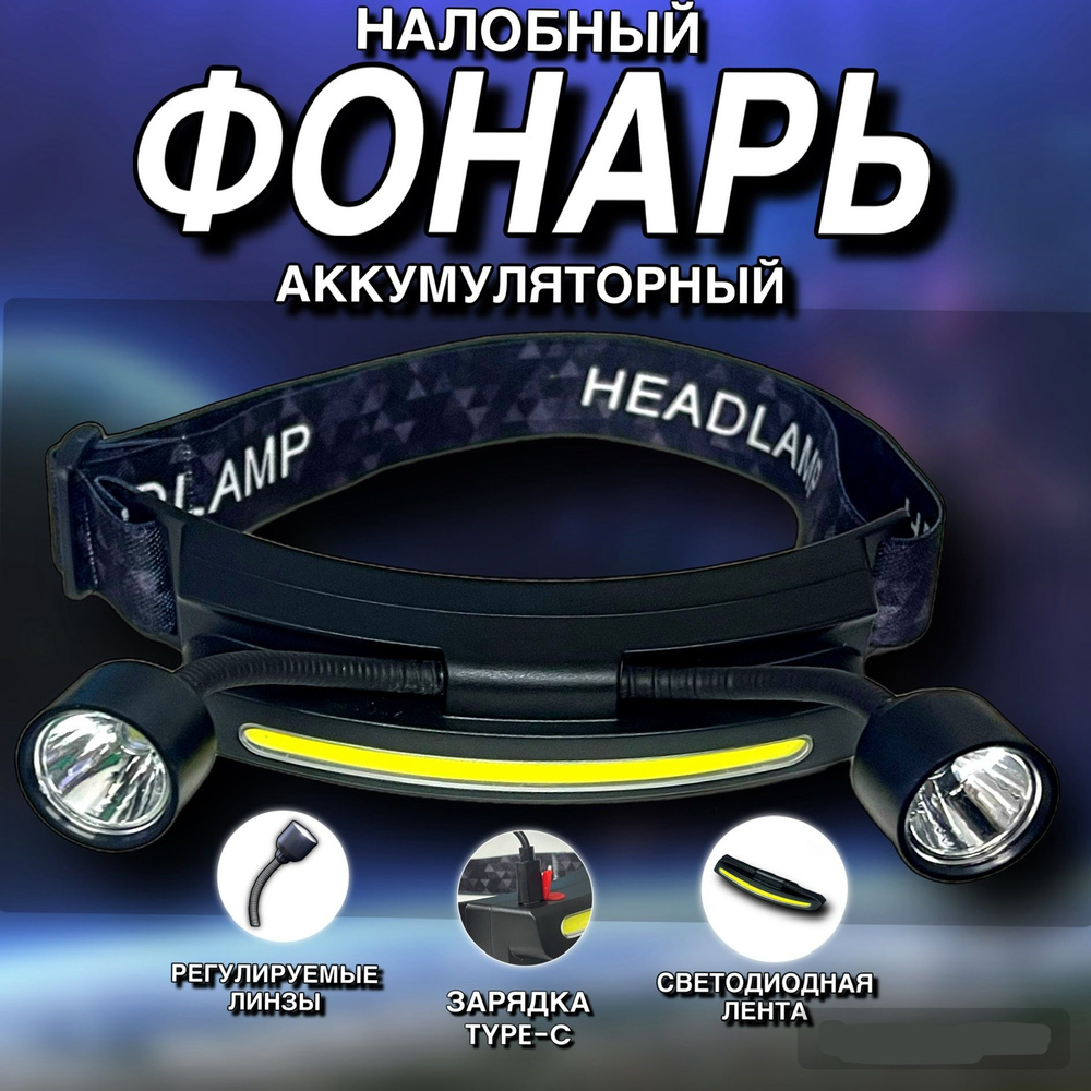 Налобный аккумуляторный фонарик с регулируемыми линзами / Фонарь ...