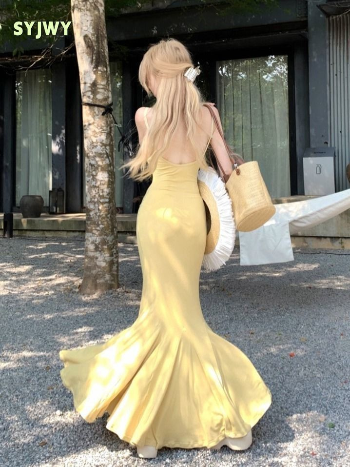 Сарафан Женский SYJWY желтый с тонкими бретельками Пляжный Бретельки Лавсан, размер 42 Без ...