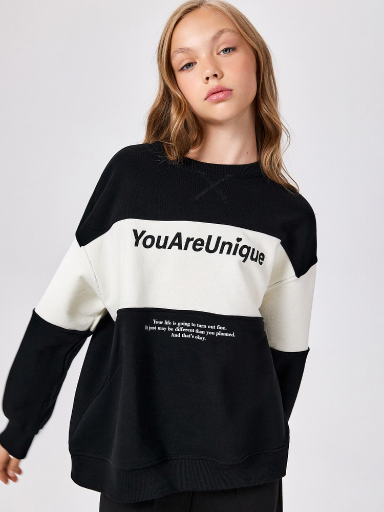 Свитшот Девочки Acoola белый бриллиант, черный Без застежки Трикотаж, Хлопок, размер 128 ...