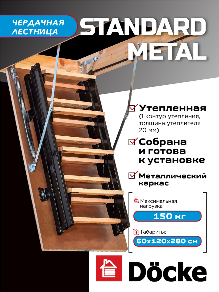 Чердачная лестница с люком Docke STANDARD METAL 60х120х280 утеплённая, тепленая люк с деревянной ...