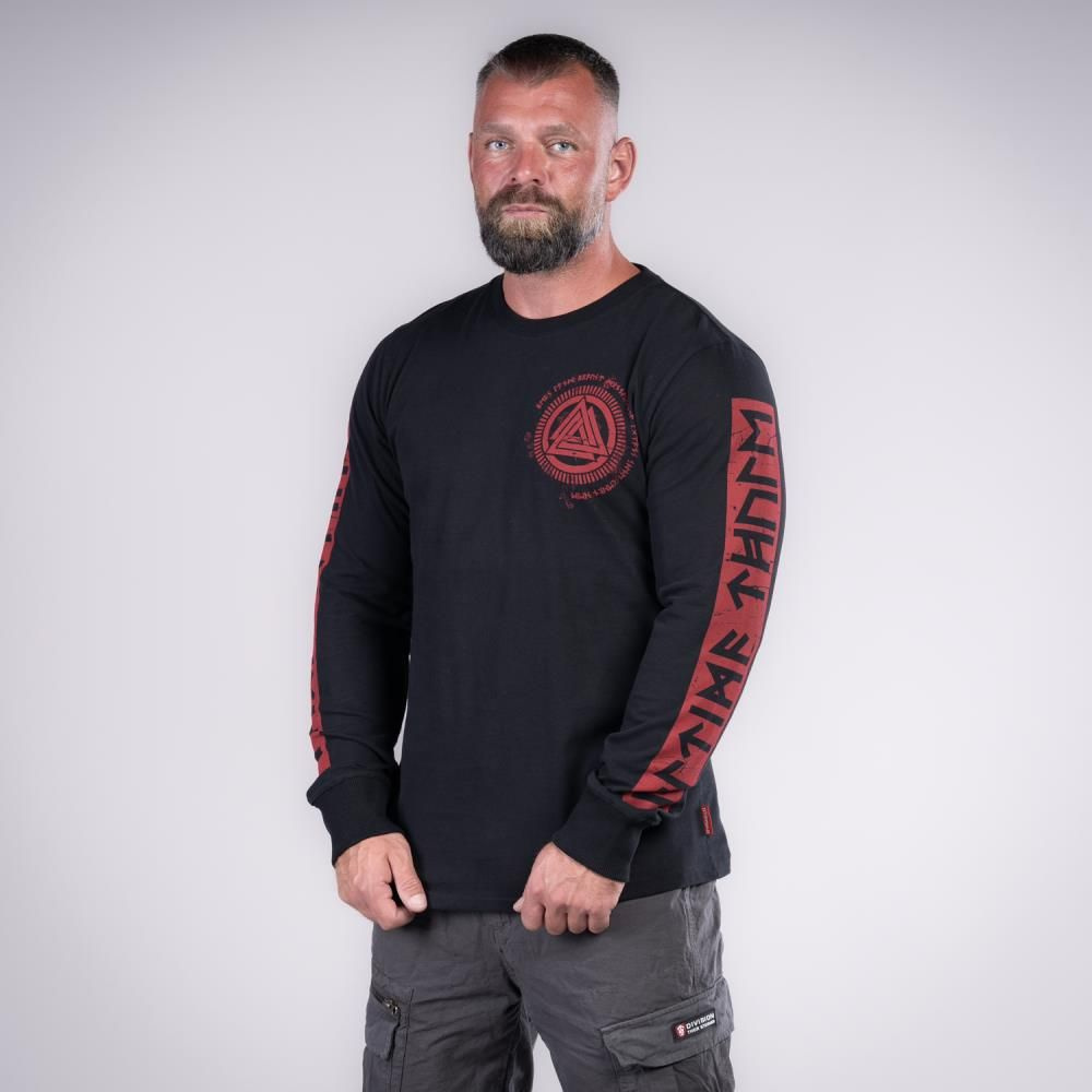 Лонгслив Мужской Thor Steinar черный Длинный, размер 52 Хлопок Вышивка полуприталенный Надписи ...