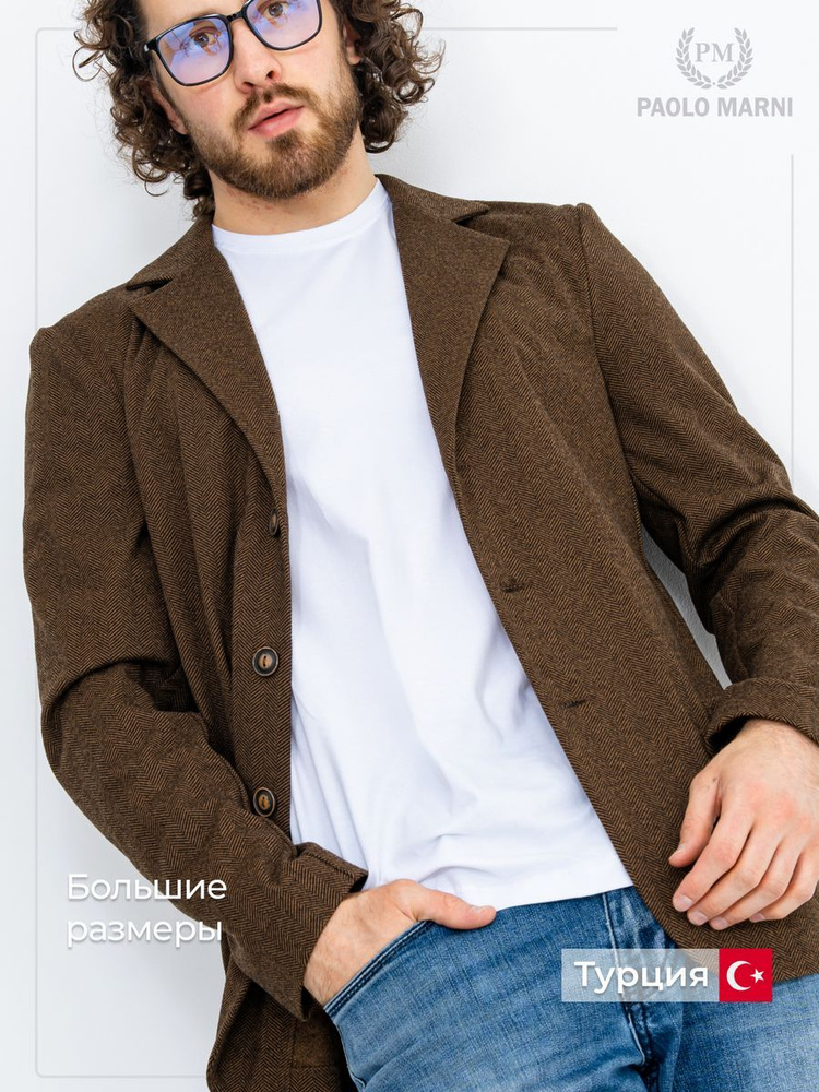 Пиджак Мужской Paolo Marni коричневый, размер 50 Полиэстер Карманы прямой Длинный Офисный ...
