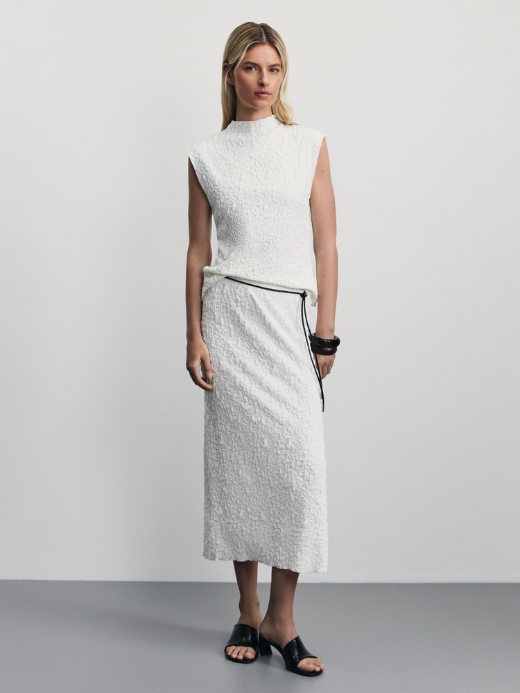 Юбка Женский Zarina ванильный Вискоза, Полиамид прямая, размер 48 Без застежки Миди Однотонный ...