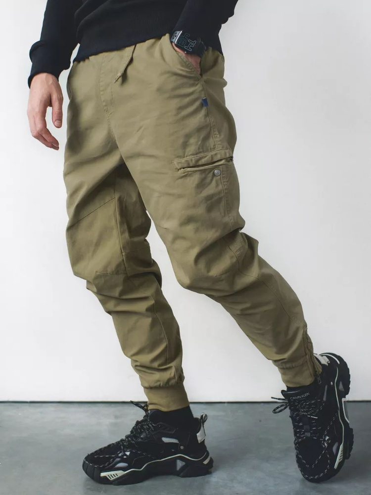 Брюки Мужской Bronks джоггеры песочный Хлопок, Эластан Повседневный, размер 54, 56 Шнурок ...