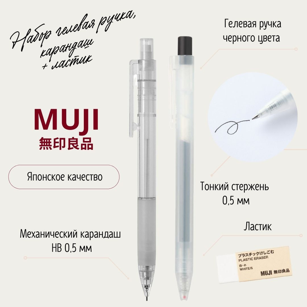 Гелевая ручка (черная), механический карандаш, ластик MUJI - купить с ...