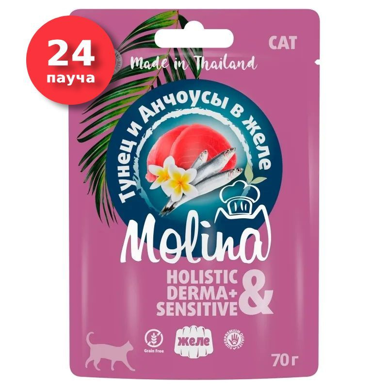 Влажный корм Molina в паучах для взрослых кошек с тунцом и анчоусами ...