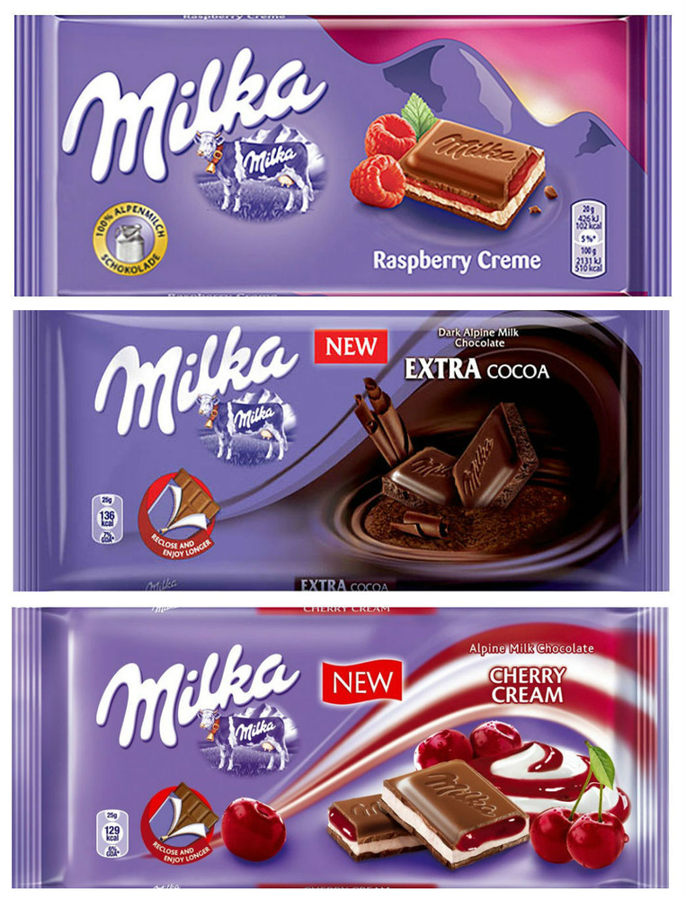 Шоколад Milka Raspberry Creme + Extra Cocoa + Cherry Cream (3 шт ...