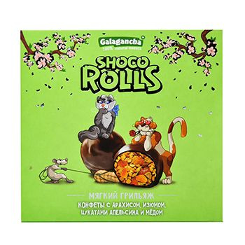 Конфеты Shoco Rolls с арахисом, изюмом, цукатами апельсина и мёдом в шоколадной глазури ...