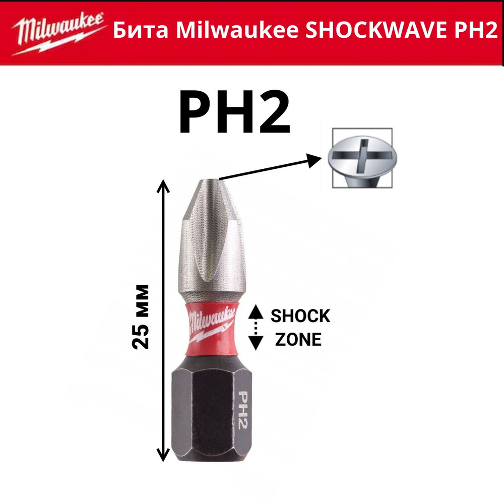Бита Milwaukee SHOCKWAVE PH2 X 25mm, 1/4", 25 мм - купить по низким ...