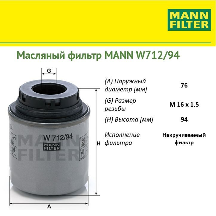 Фильтр масляный MANN FILTER W 712/94 - купить по выгодным ценам в интернет-магазине OZON (189450720)