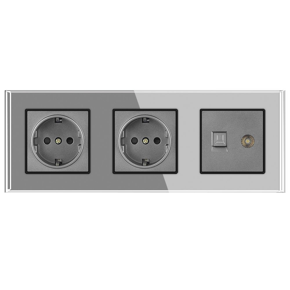 2 европейские розетки, ТВ и разъем rj45 cat6, стеклянная панель 224*82 ...