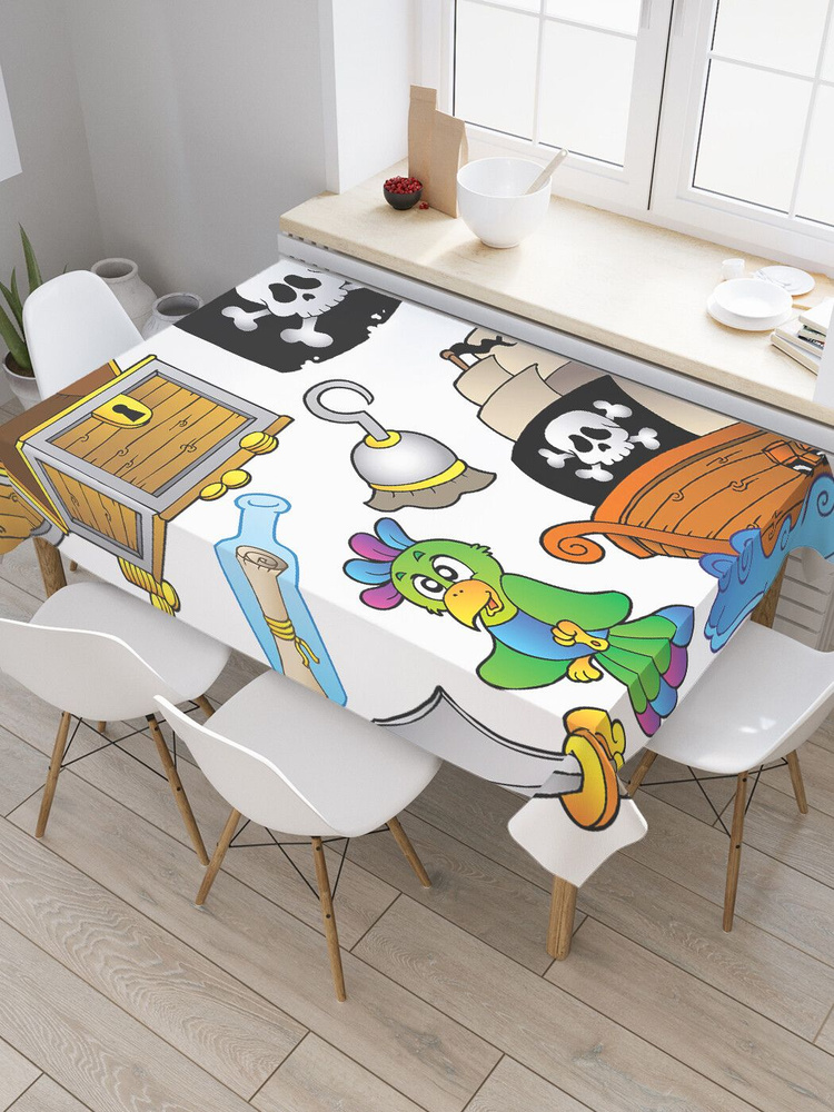 Прямоугольная водоотталкивающая тканевая скатерть на стол JoyArty с рисунком "Атрибуты пиратов ...