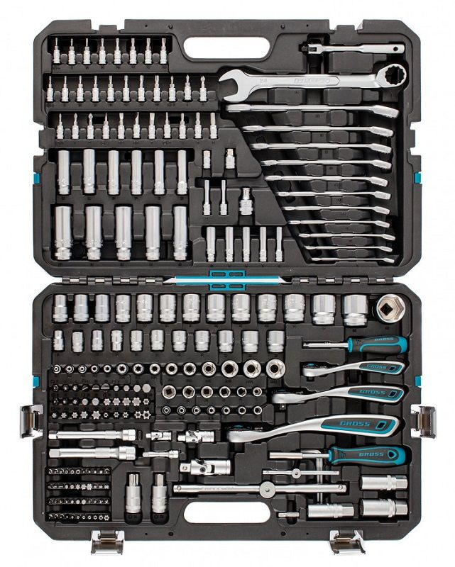 Набор инструментов GROSS (216 предметов, 120 зубьев, CrV 1/2", 3/8", 1/4") / Слесарный ...