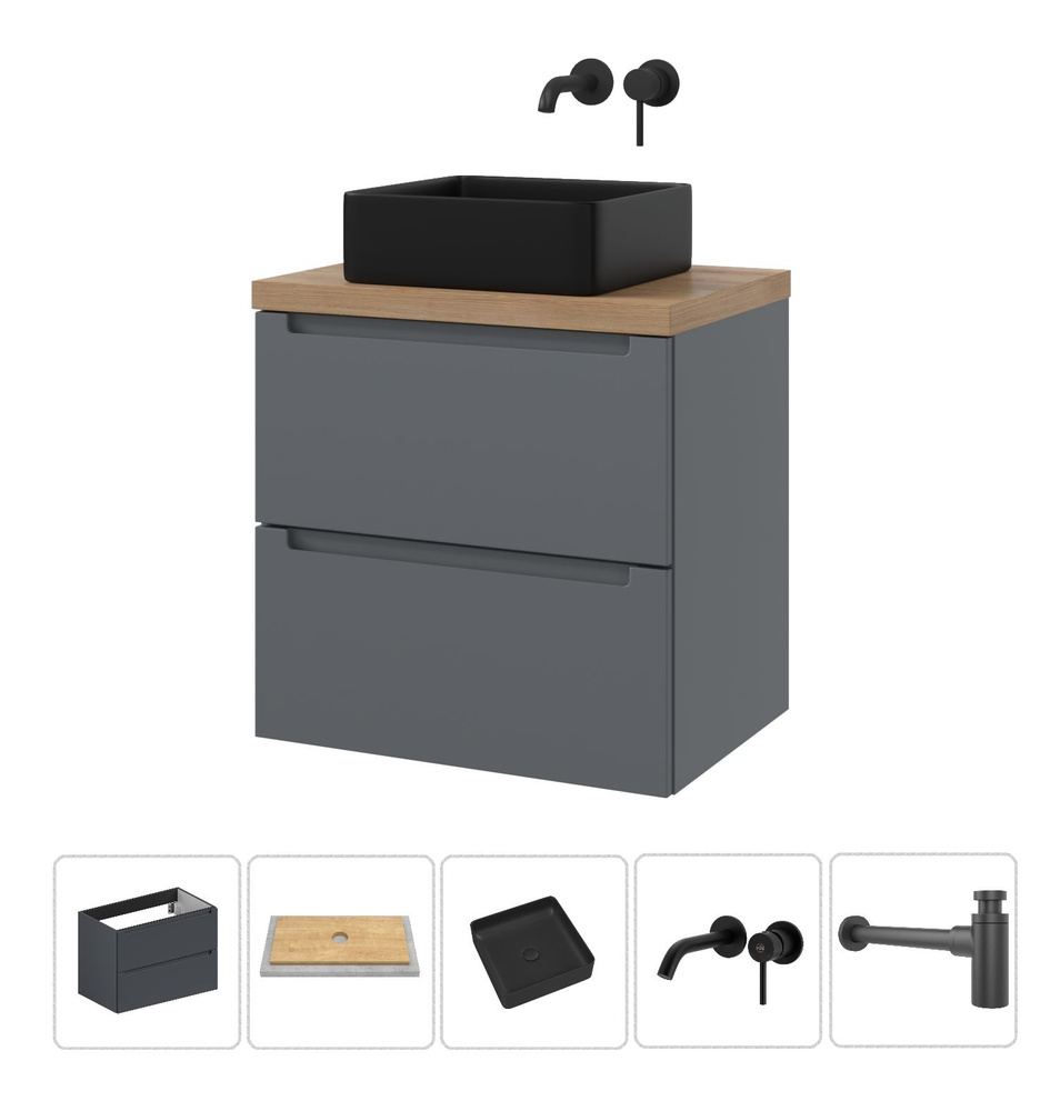 Комплект 5 в 1: подвесная тумба ЗОВ 60 см с раковиной Helmken 37 см, корпус ЛДСП, фасад МДФ ...