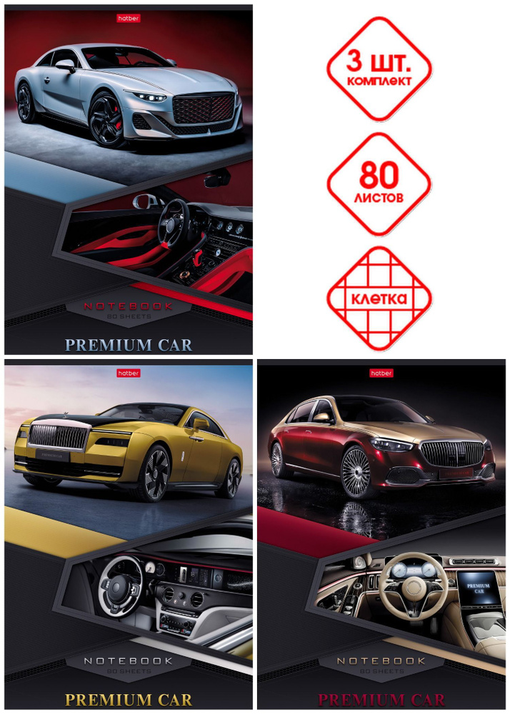 Набор тетрадей Hatber 3 штуки/3 дизайна 80 листов, формата А4, в клетку, на скобе, глянцевая ...