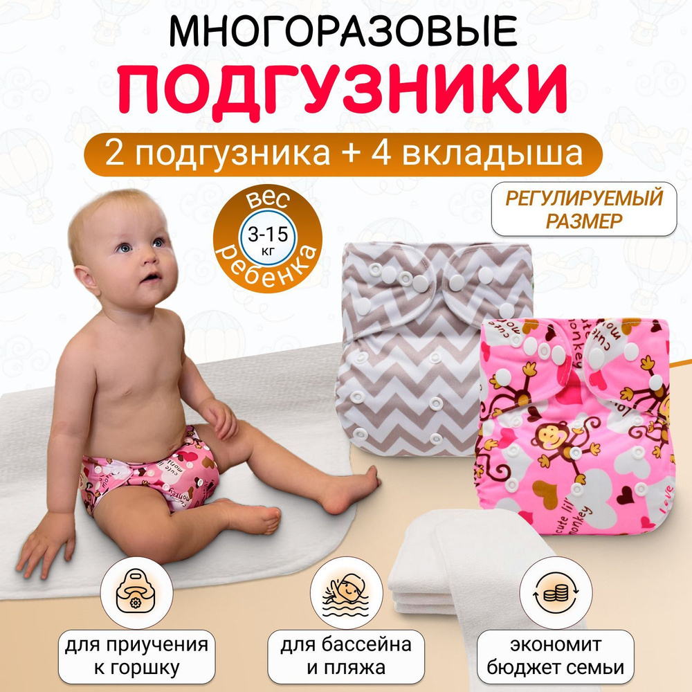 Многоразовые подгузники Сoolanddry для детей 2 шт + 4 вкладыша, трусики ...