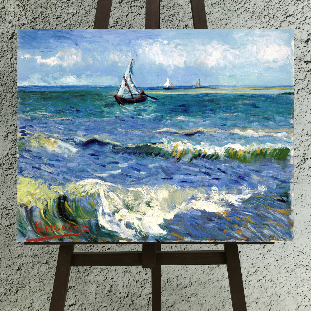 Картина на натуральном холсте репродукция Винсент Ван Гог МОРСКОЙ ПЕЙЗАЖ В СЕНТ МАРИ 70х55см