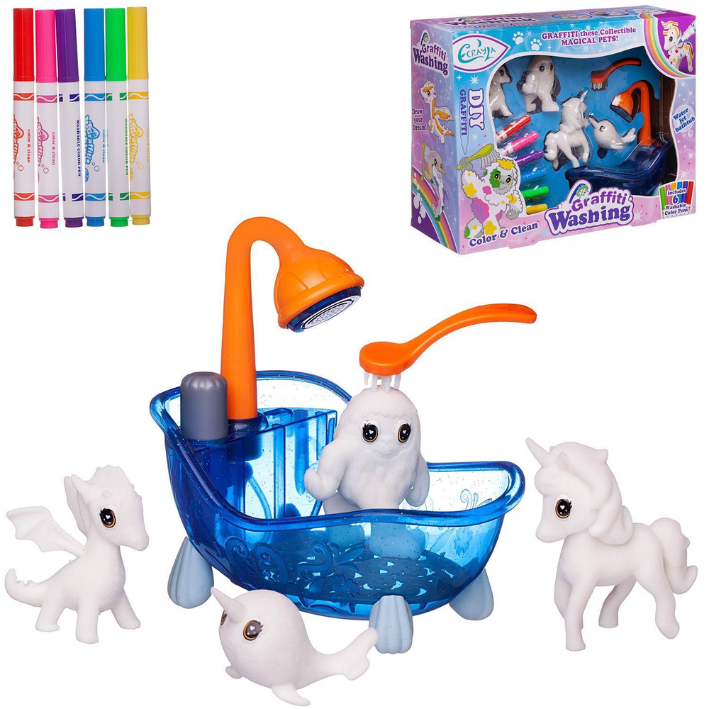 Набор для творчества Junfa Волшебные животные в ванне с душем (4 фигурки для раскраски, 6 ...