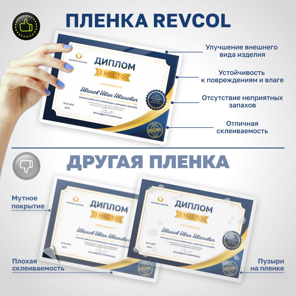 Плёнка REVCOL для ламинирования фотографий, документов, сертификатов, глянцевая, A6(111*154), 80 ...