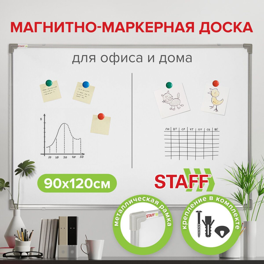 Доска демонстрационная магнитно-маркерная на стену для офиса и дома ...