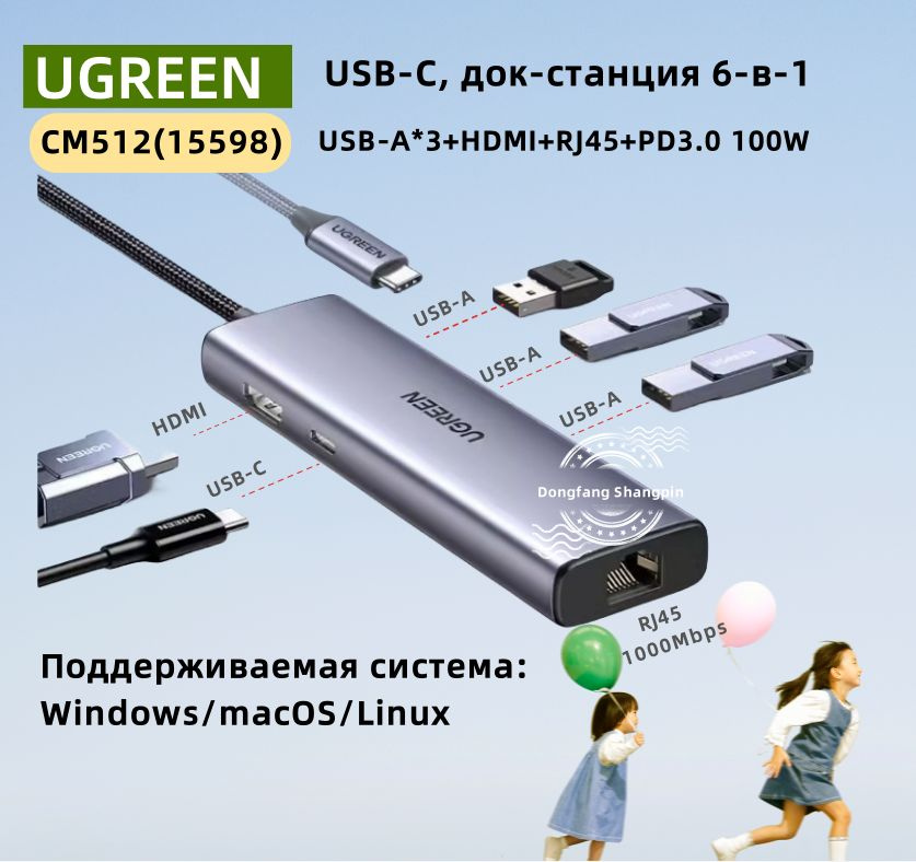 Ugreen CM512(15598)Расширенный док USB - сепаратор гигабитная сетевая ...