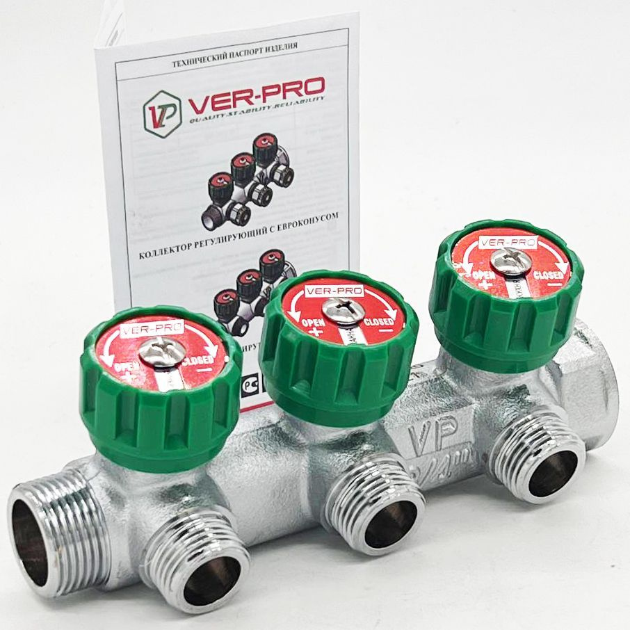 Коллектор для водоснабжения VIEIR 3/4"х1/2" на 3 выхода регулирующий под плоскую прокладку ...