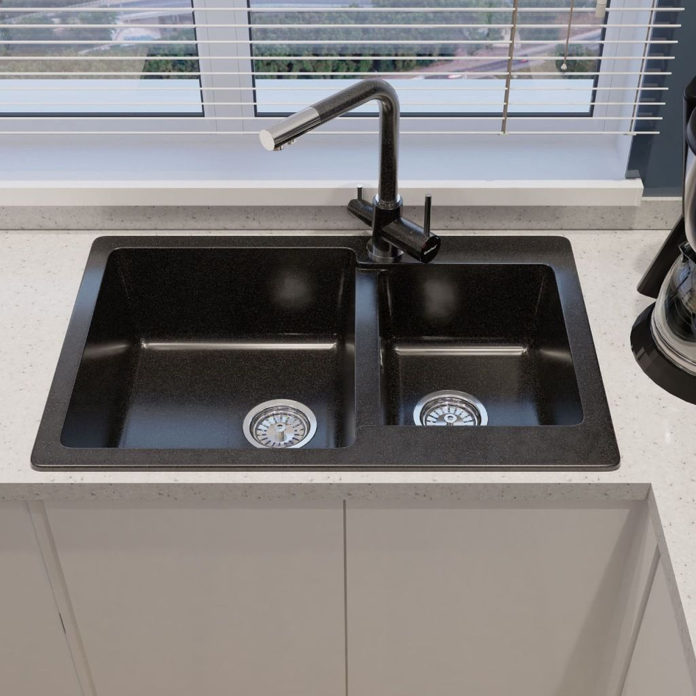 Мойка кухонная врезная, GranFest, Practik, искусственный мрамор, 780x510 мм, + сифон, черная, GF ...