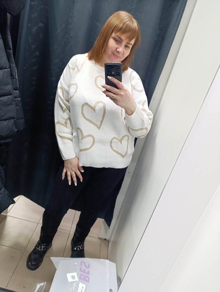 Свитер Женский BESTAMIN белый, розовый Шерсть, Акрил, размер 48, 52 Без ...